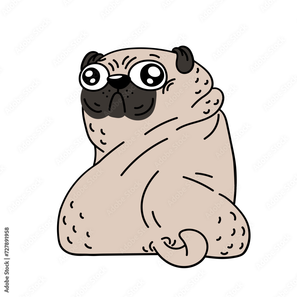 Cute Pug dog cartoon flat vector illustration isolated on white ...