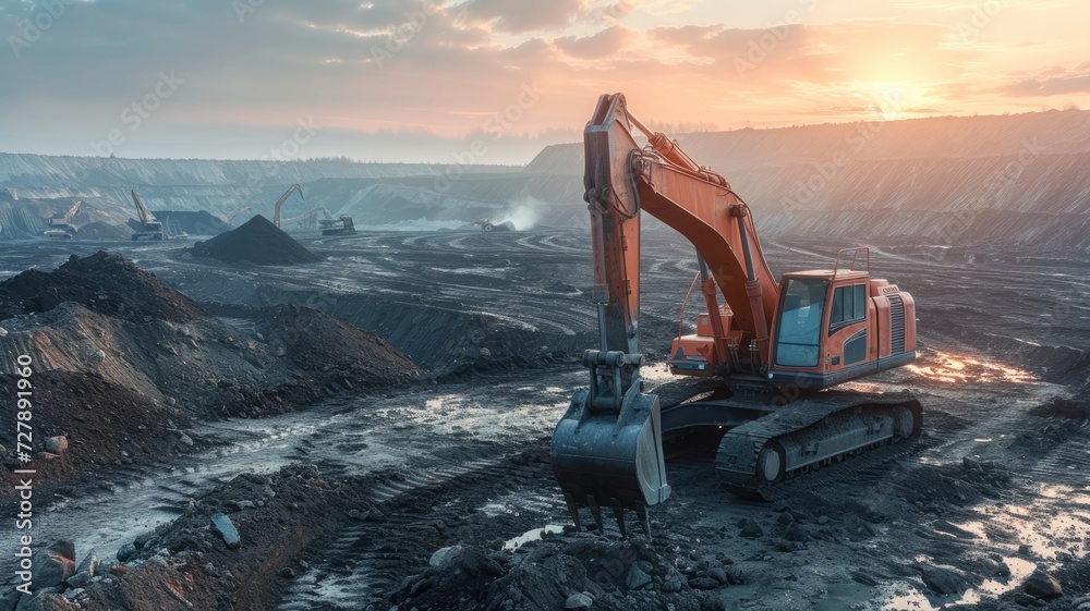 Excavator and truck parking with mining industry background Stock Photo ...