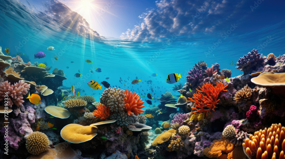 Vibrant underwater scene of coral reef with marine life ideal for ...