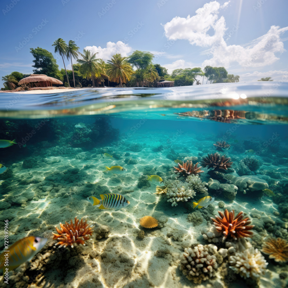 Split view of a tropical paradise with vibrant underwater sea life and ...