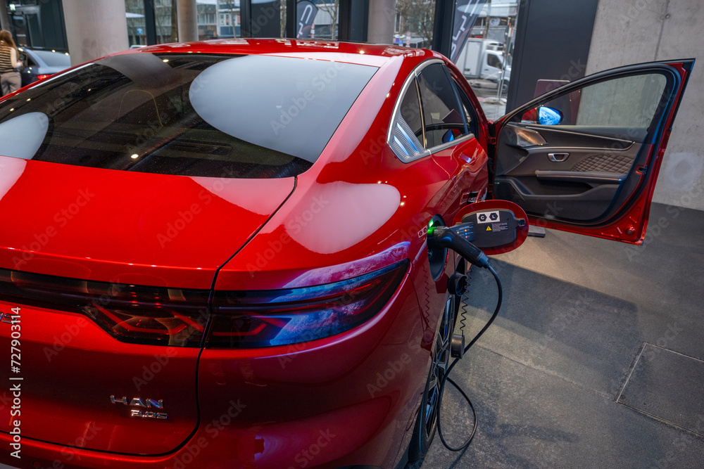 new red BYD Han EV 3.95, rear view, Electric Vehicle Chinese ...