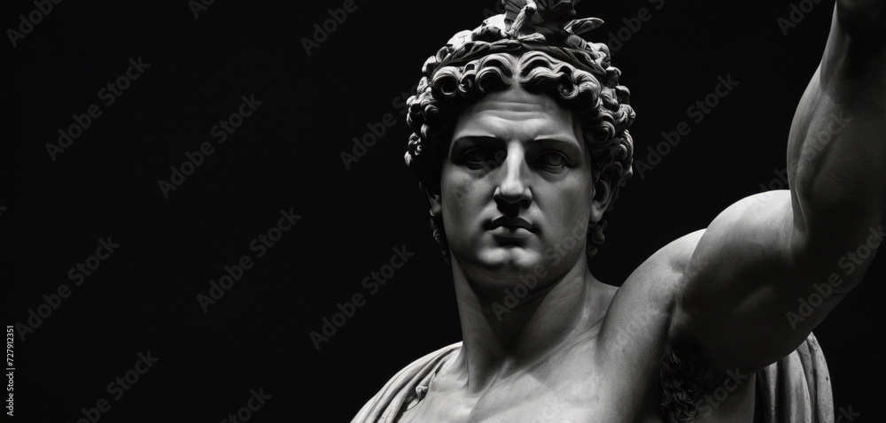 Portrait of a plaster statue of Apollo isolated on black. Gypsum statue ...