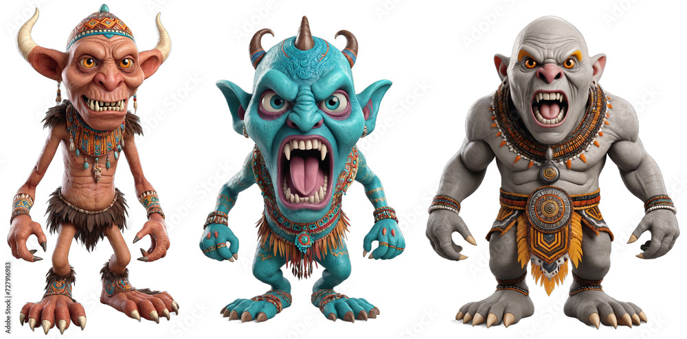 Set of devilish creatures with angry expressions and open mouths ...