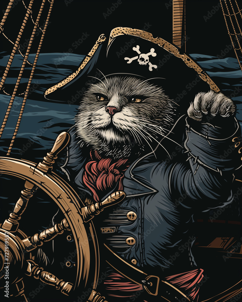 sea robber. A cat in the role of captain of a pirate ship, in a shorts ...