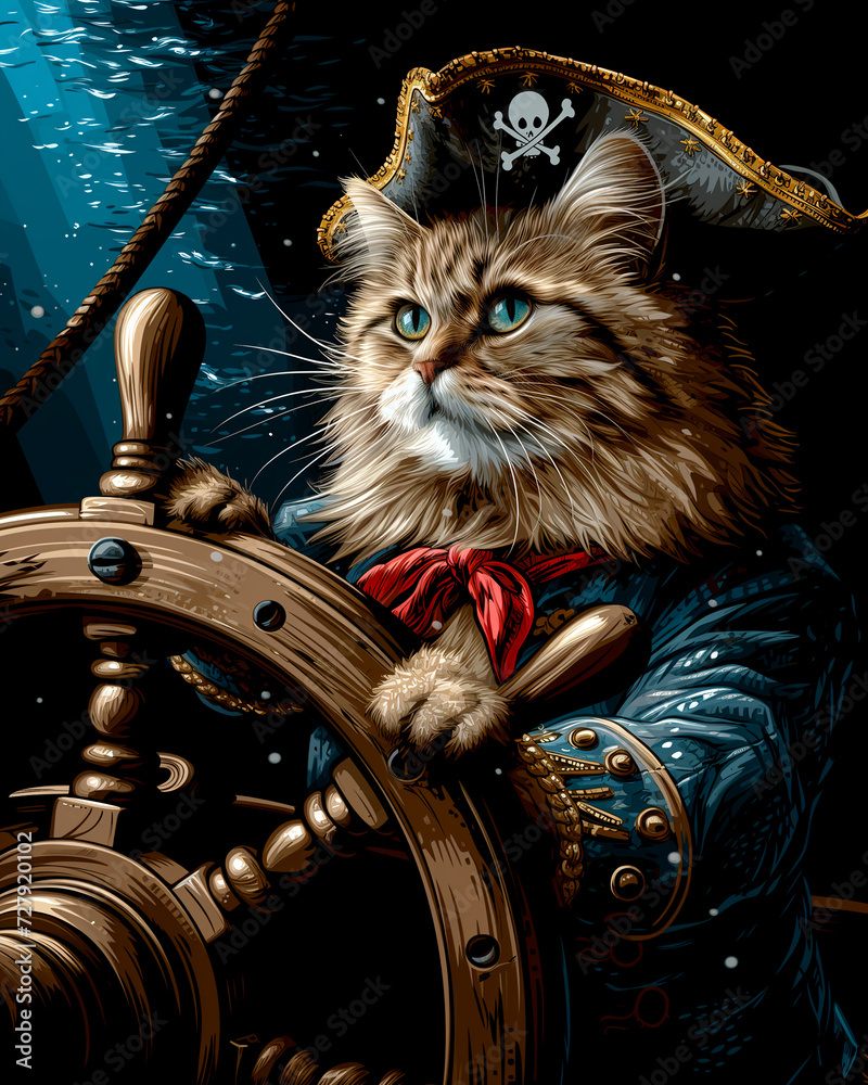 sea robber. A cat in the role of captain of a pirate ship, in a shorts ...