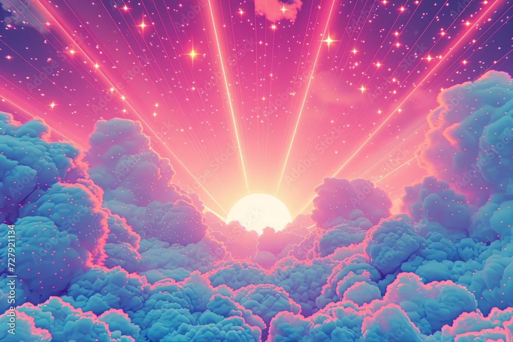 A digital artwork that radiates with pastel rays, dotted with cartoon ...