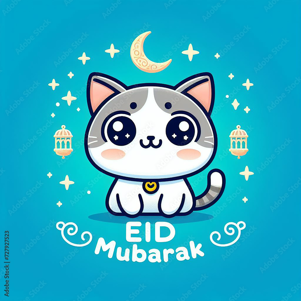 cute cat emoji with Eid Mubarak caption in blue background Stock ...