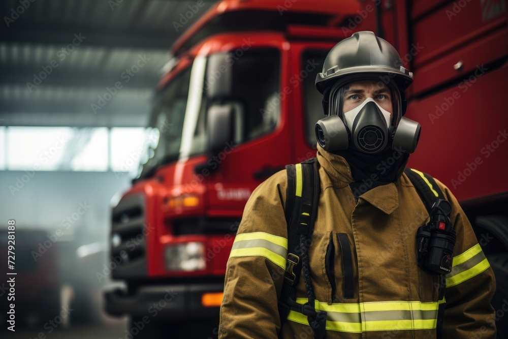 A fireman wearing a gas mask stands in front of a fire truck, ready to ...