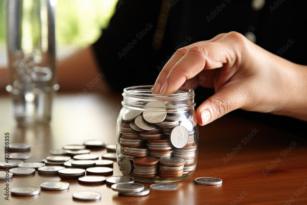 A persons hand can be seen inserting a coin into a glass jar with a ...