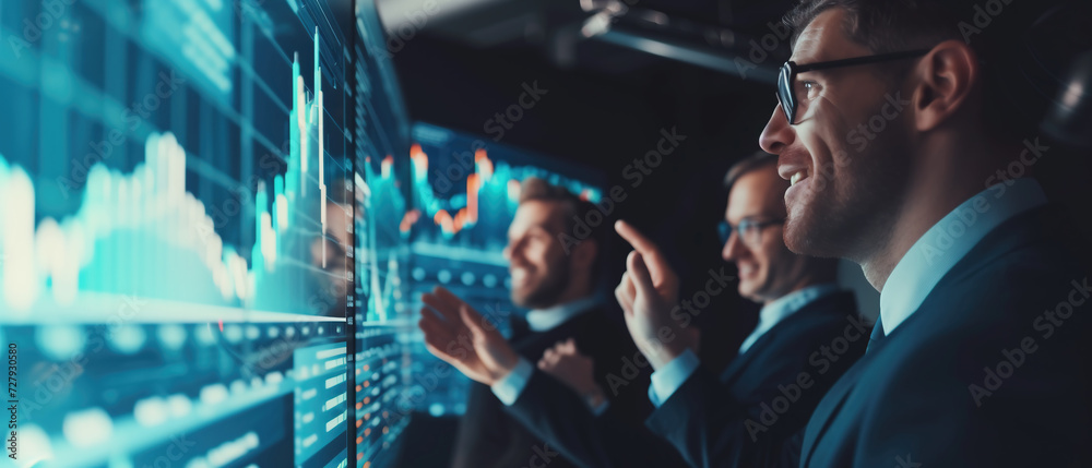 Virtual stock chart with an upward trend. A group of smiling ...