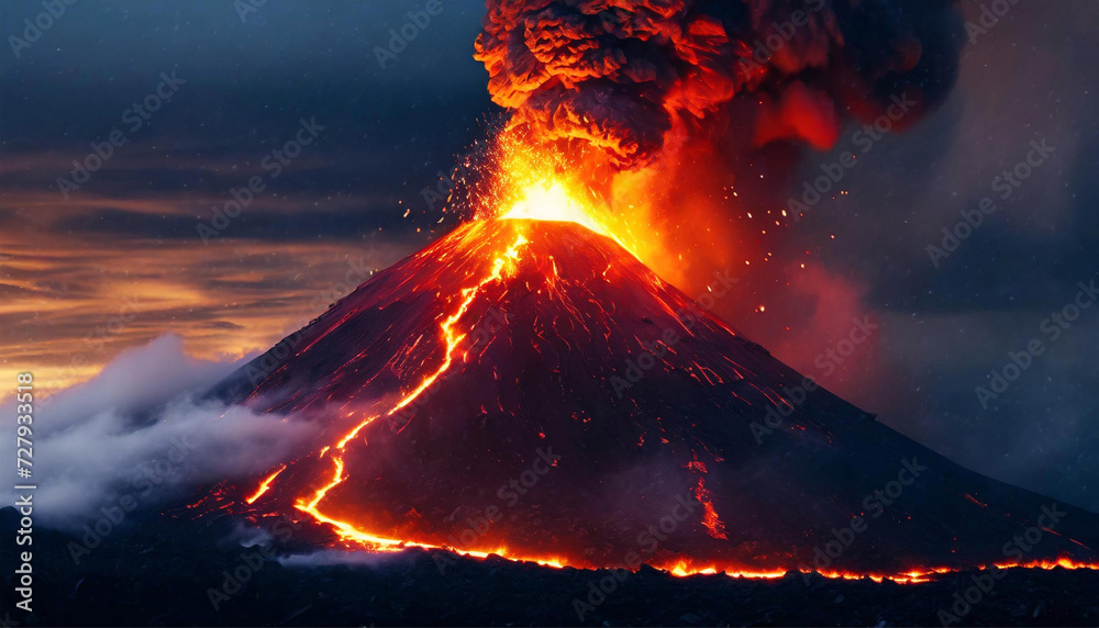 a molten lava magma volcano fire erupting view steam volcanic eruption ...