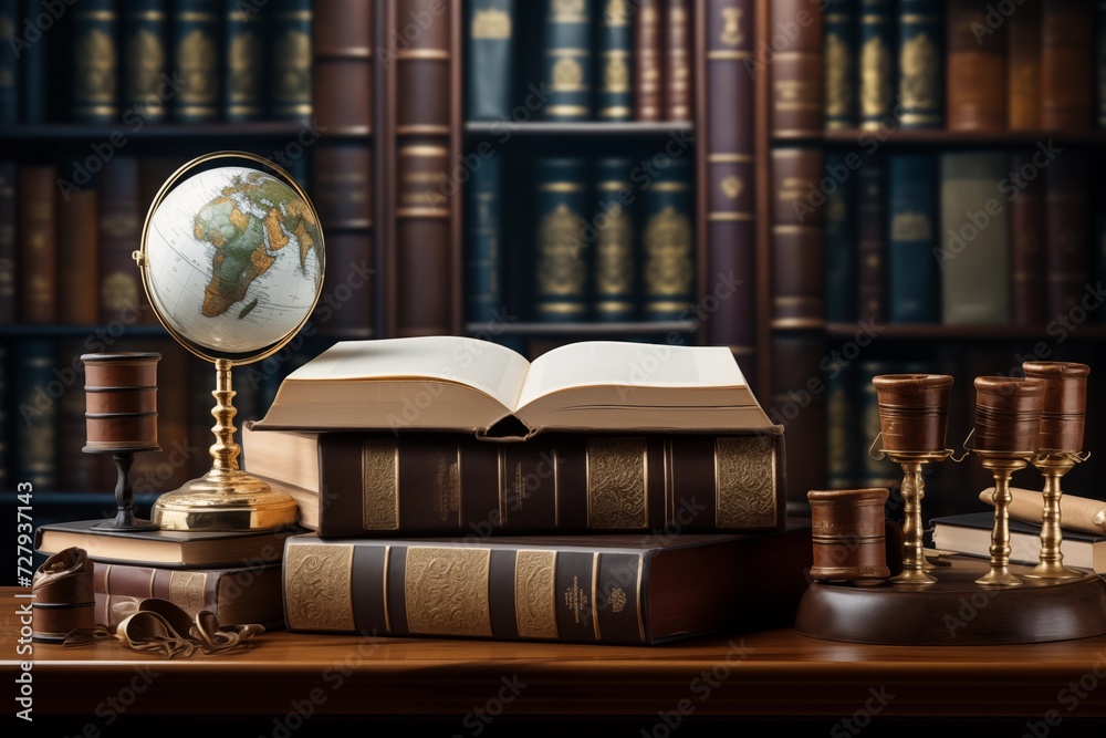 Legal Research Library with Law Books and Justice Symbols Stock ...