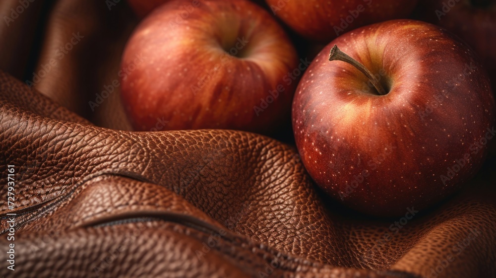 An up-close perspective of eco Apple Leather, highlighting its smooth, refined texture and rich ...