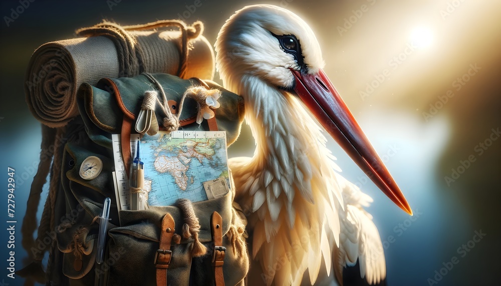 Stork's Prepared Journey: White Stork with Migration Map and Backpack ...