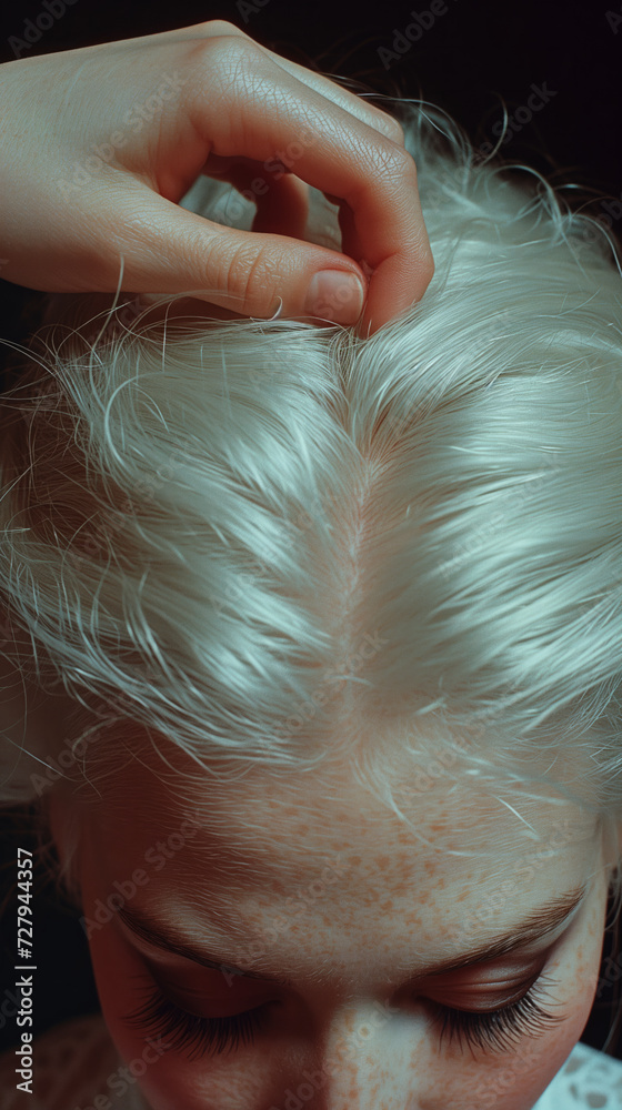 Woman with ASD or OCD touching and plucking blonde hair ...