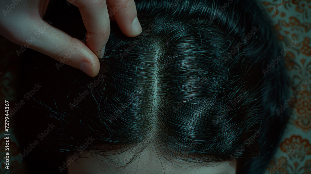 Hand touching and plucking dark hair, close up of person with autism ...