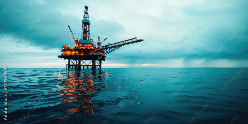 An offshore oil rig stands against a dramatic backdrop of dark, stormy ...