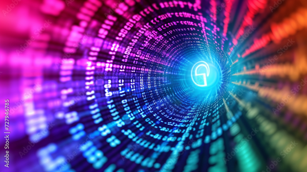Stream of binary code converging into a digital lock, against a ...