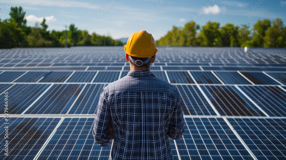 Rear view of an engineer with a hard hat examining a photovoltaic panel ...