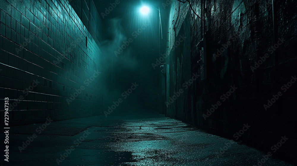 Mysterious alley at night with a single streetlight casting a spotlight ...