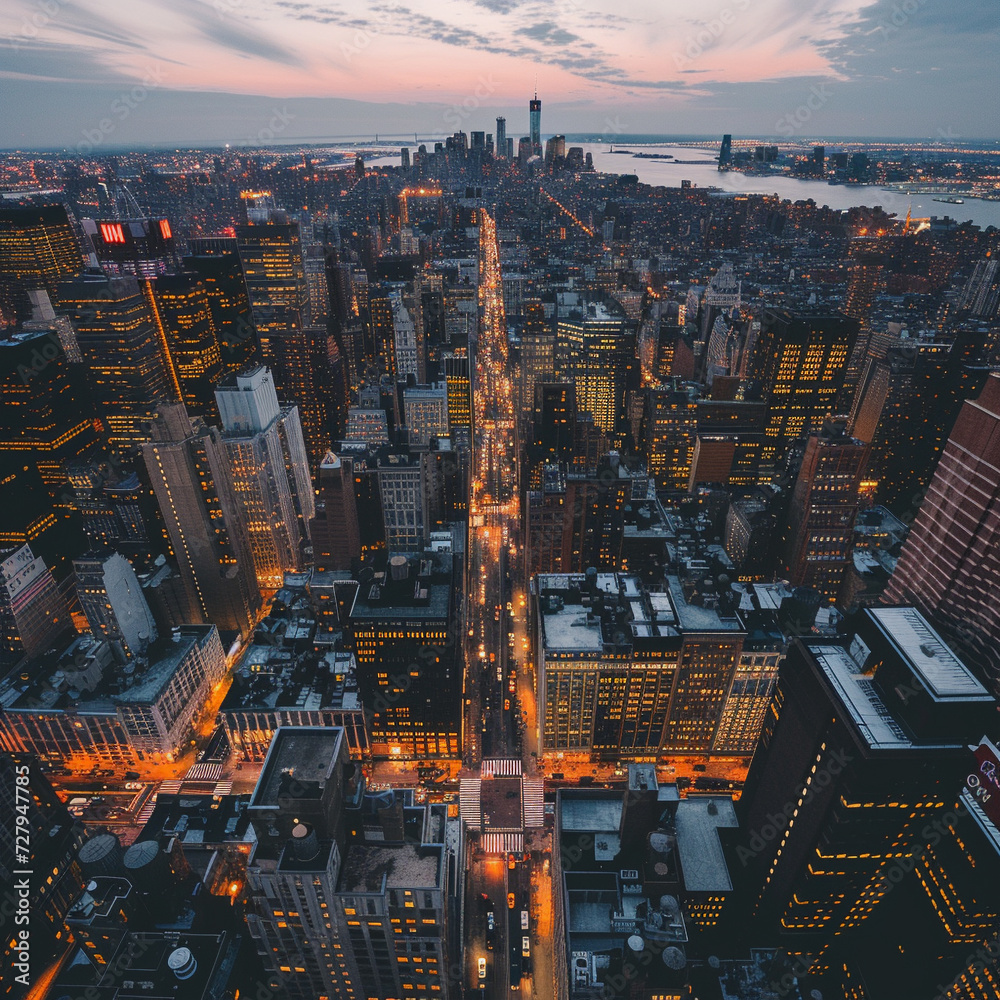 High rooftop angle capturing the sprawling city landscape, the ...