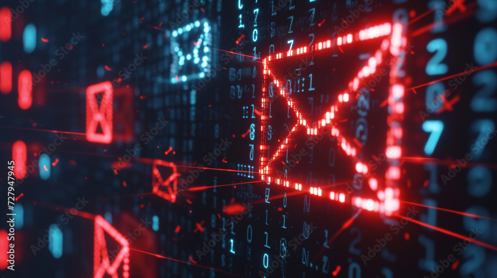 Email inbox filled with spam messages, each marked with a warning icon for potential threats ...