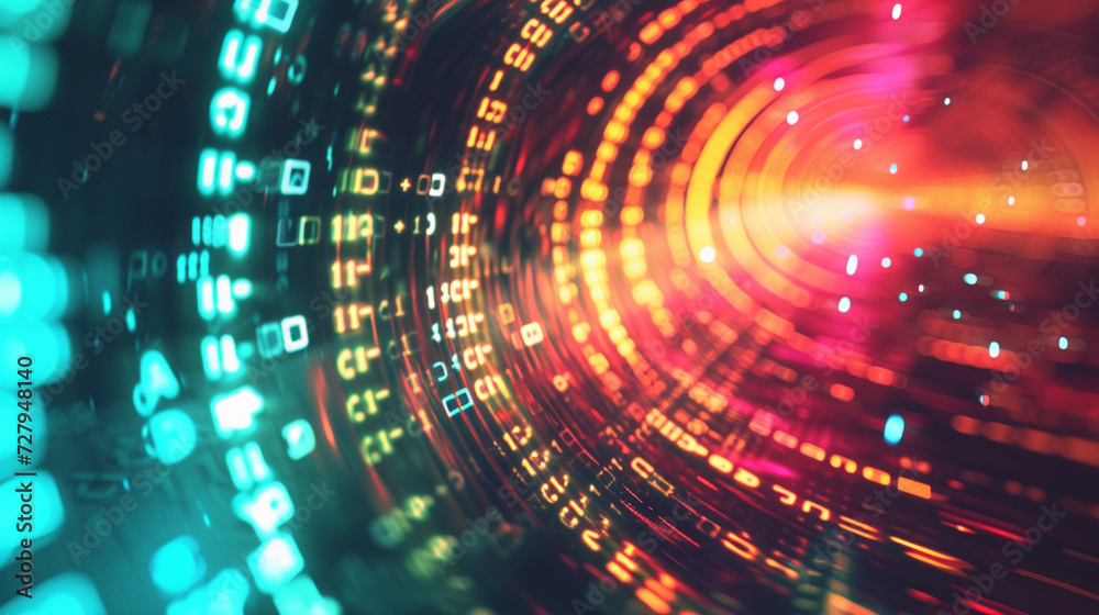 Digital encryption process depicted by flowing binary numbers merging ...