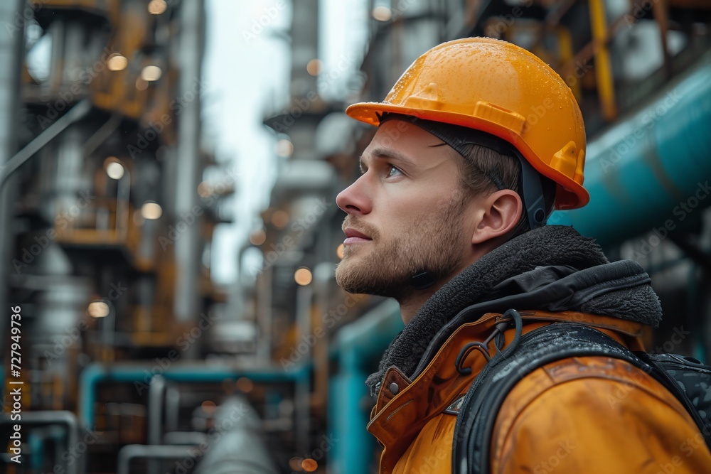 A determined blue-collar worker, clad in a bright orange hard hat and ...