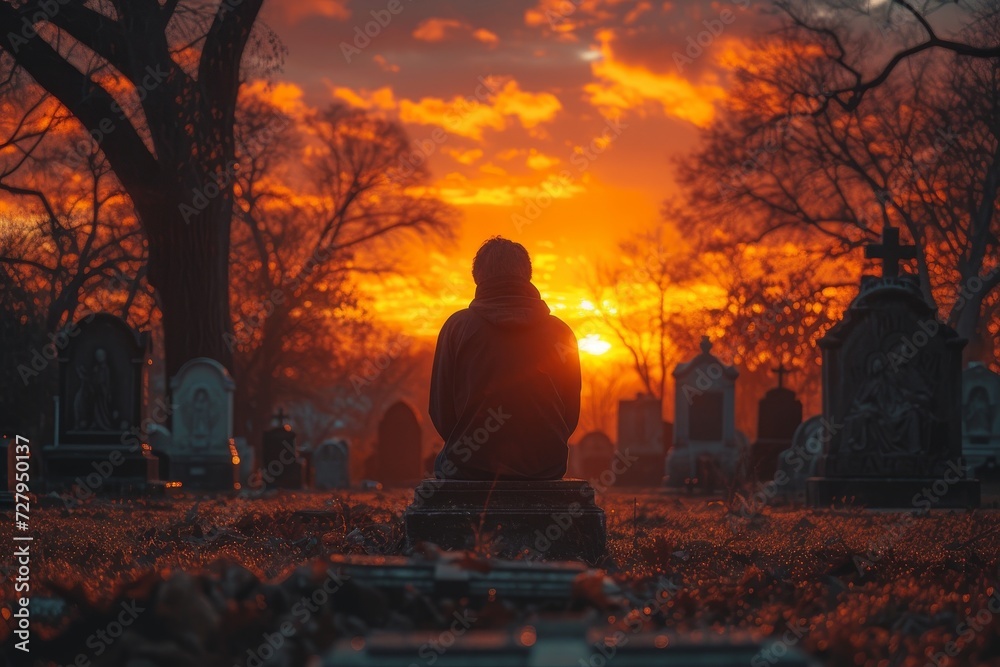 As the sun sets behind the silhouette of the gravestones, a solitary ...
