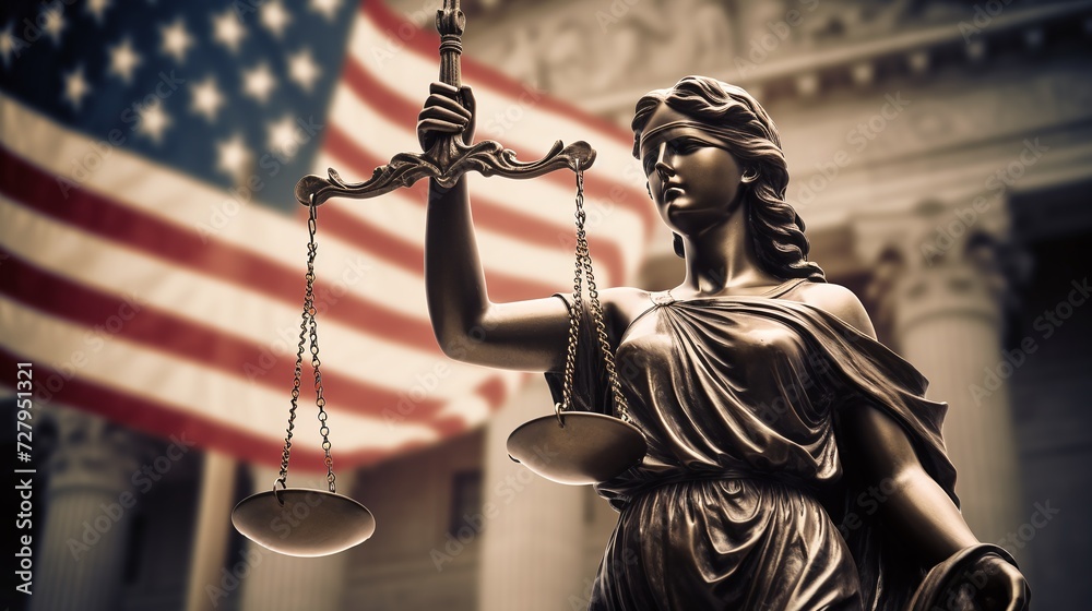 Statue of Lady Justice with American Flag Background Symbolizing the ...