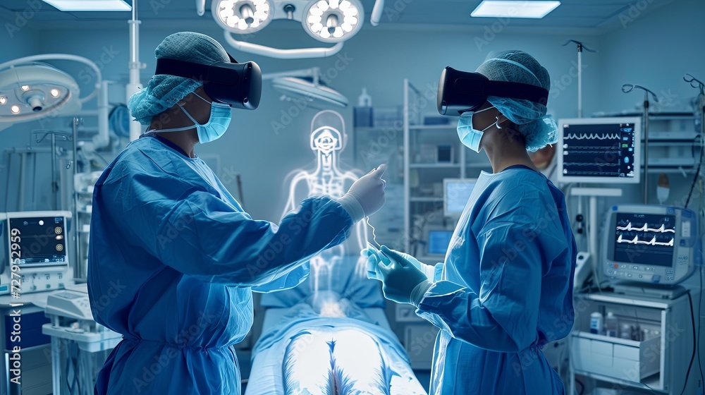 The operating room doctor and a nurse are both in white surgical suits ...