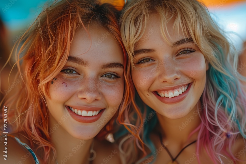 Two friends with different hairstyles share a moment of pure joy and ...