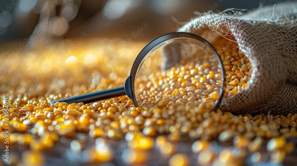 Exploring the details of golden maize grains with a magnifying glass on ...