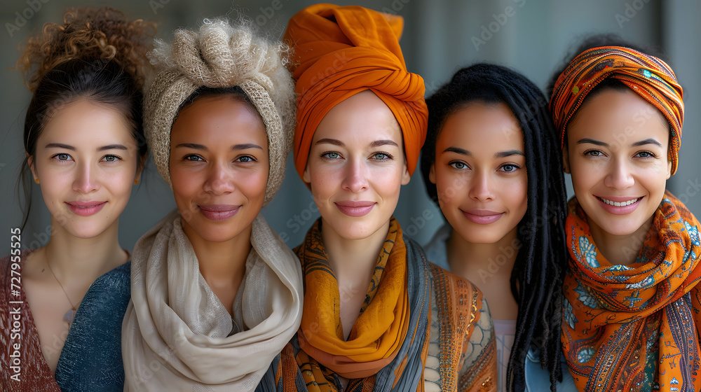 This image captures a diverse group of women with warm smiles ...