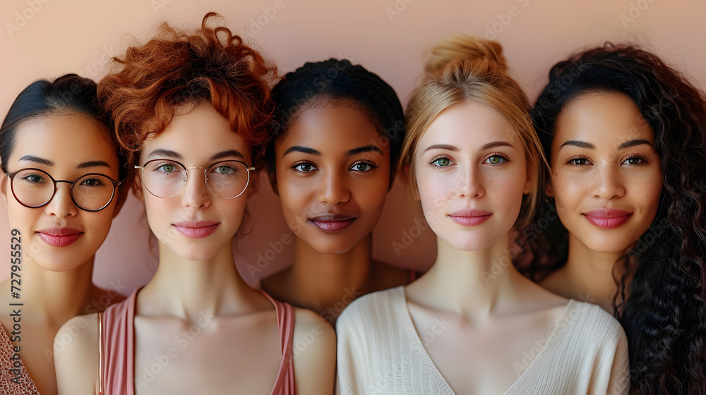 This image captures a serene moment as a group of five diverse young ...