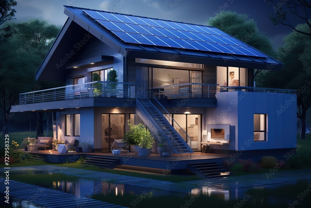 generic smart home with solar panels rooftop system for renewable energ ...