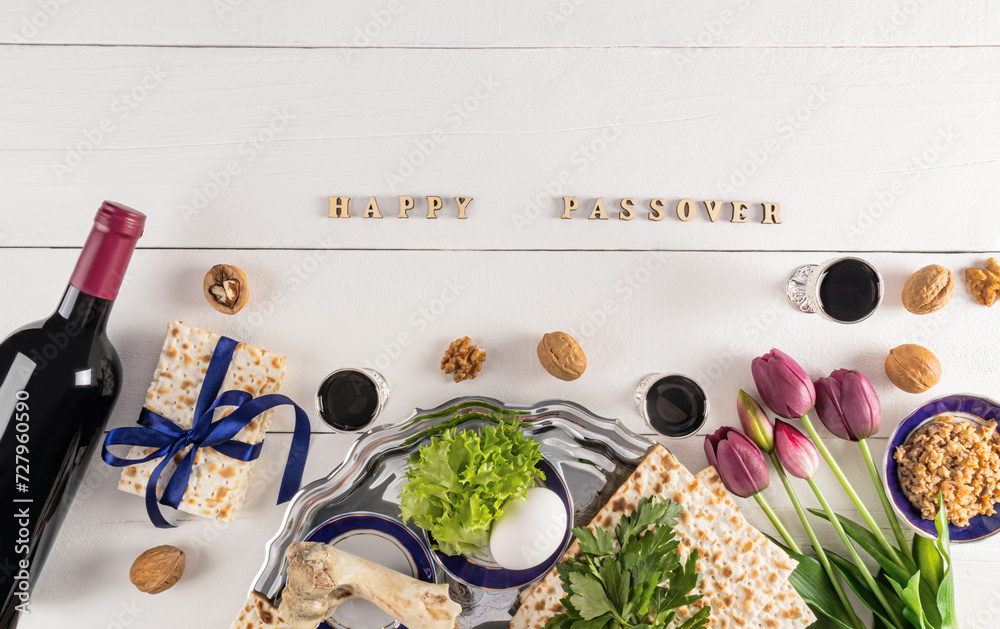 Festive background for Jewish Passover holiday with traditional food ...