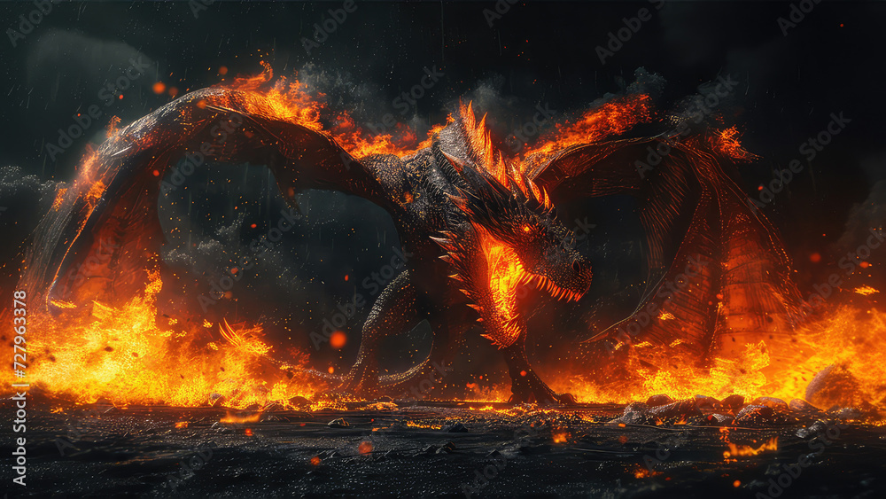 Fire breathes explode from a giant dragon in a black night, the epic ...