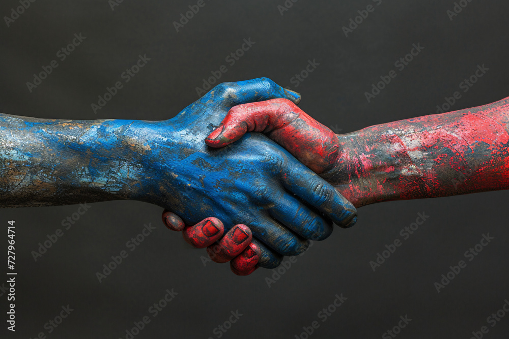 Handshake between two hands painted in contrasting red and blue colors ...