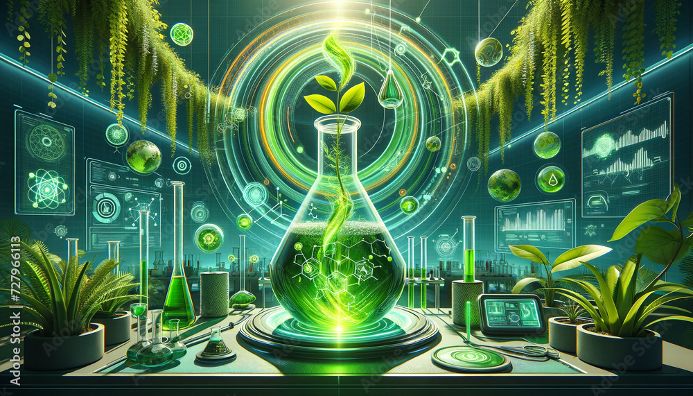 Vibrant green chemistry lab with futuristic equipment and living walls ...