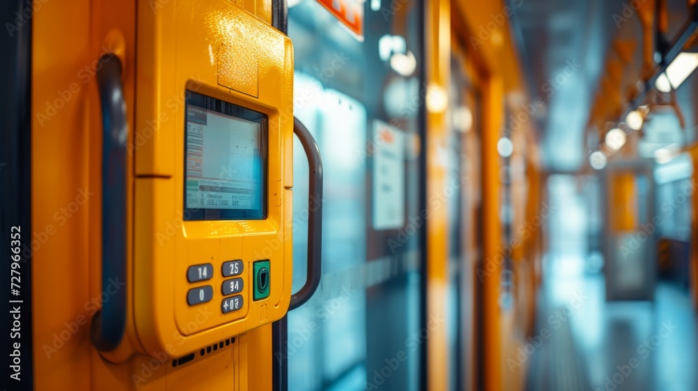 Bright yellow payment terminal on public transport with a sharp focus ...