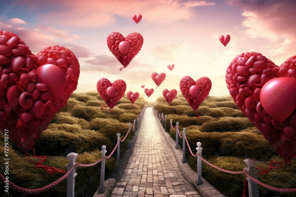 Pathway With Hearts Floating in the Air, Love-filled Journey Among ...