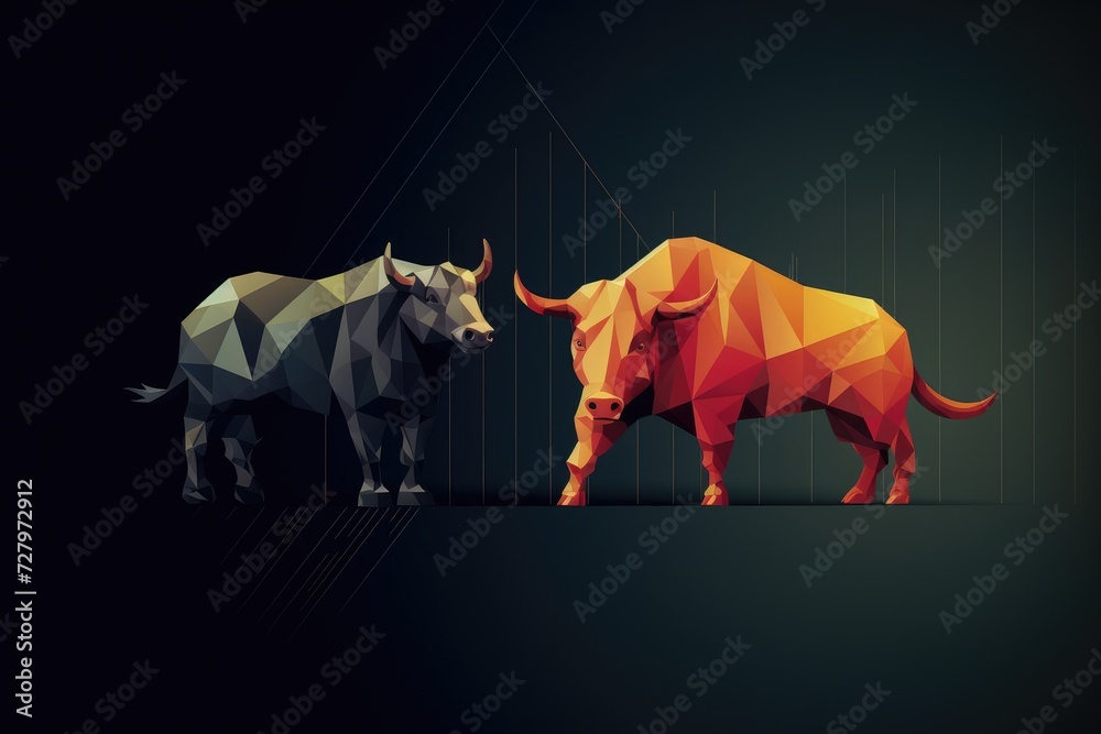 Two powerful bulls peacefully stand side by side in a spacious field ...