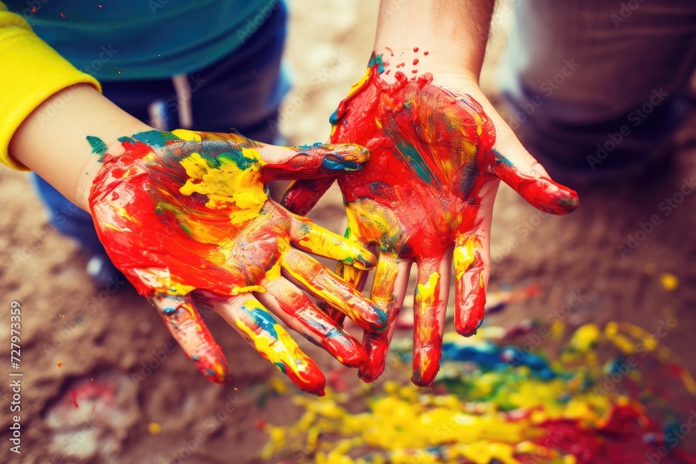The image captures a childs hands playfully immersed in vibrant ...