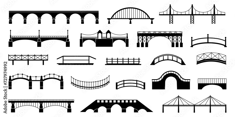 Black bridges silhouettes. Isolated bridge icons, urban architecture ...