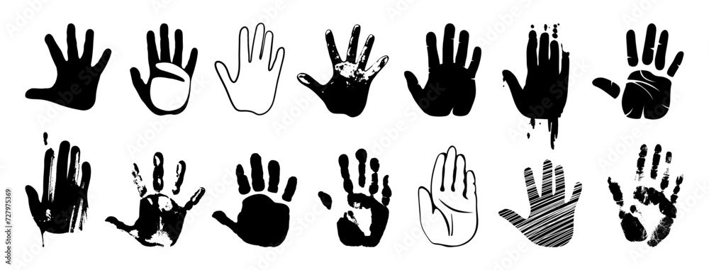 Handprint set. Black palms silhouettes, isolated hands hand drawn ...