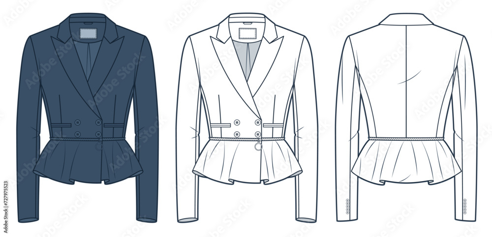 Fitted Classic Blazer technical fashion illustration. Cropped Jacket ...