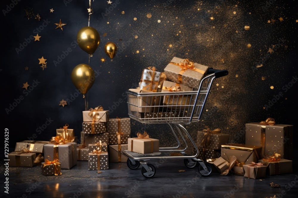 A shopping cart filled with presents and gold balloons creates a ...