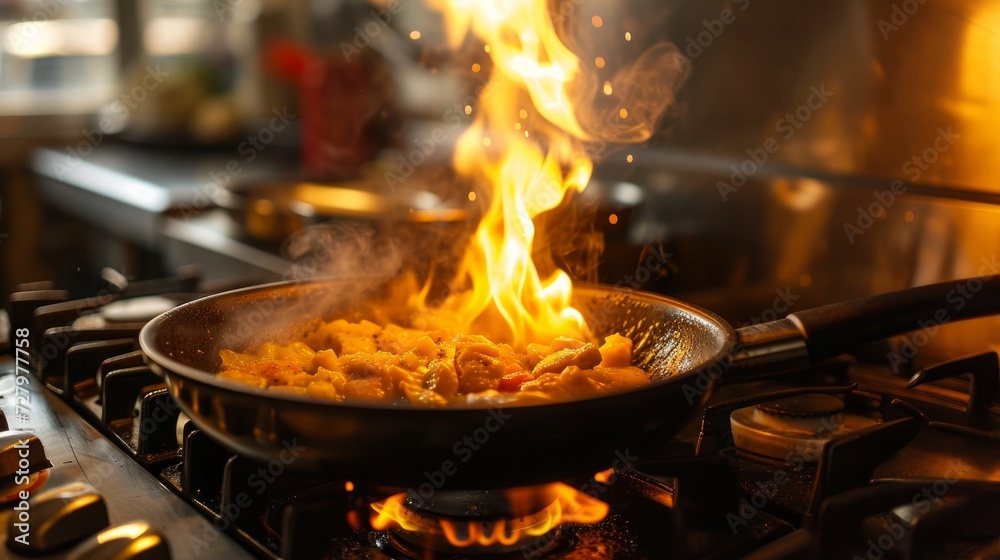 image vividly captures a frying pan on a gas stove with the fire lit ...