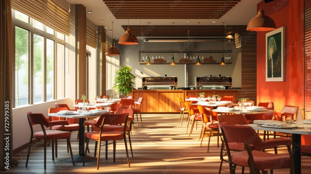 Restaurant interior with empty tables and service counter --ar 16:9 --v ...